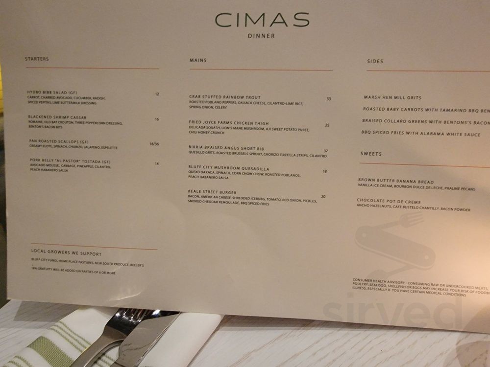 Menu - Memphis TN's CIMAS Restaurant | Sirved