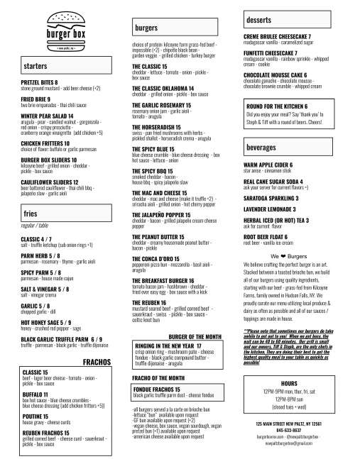 Burger Box menu in New Paltz, New York, USA