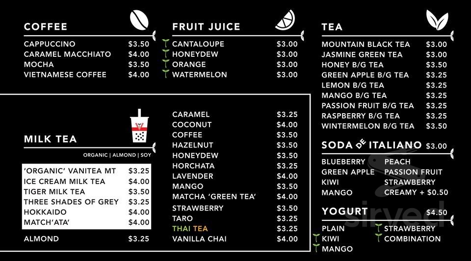 Vanitea Cafe menu in El Cajon, California, USA