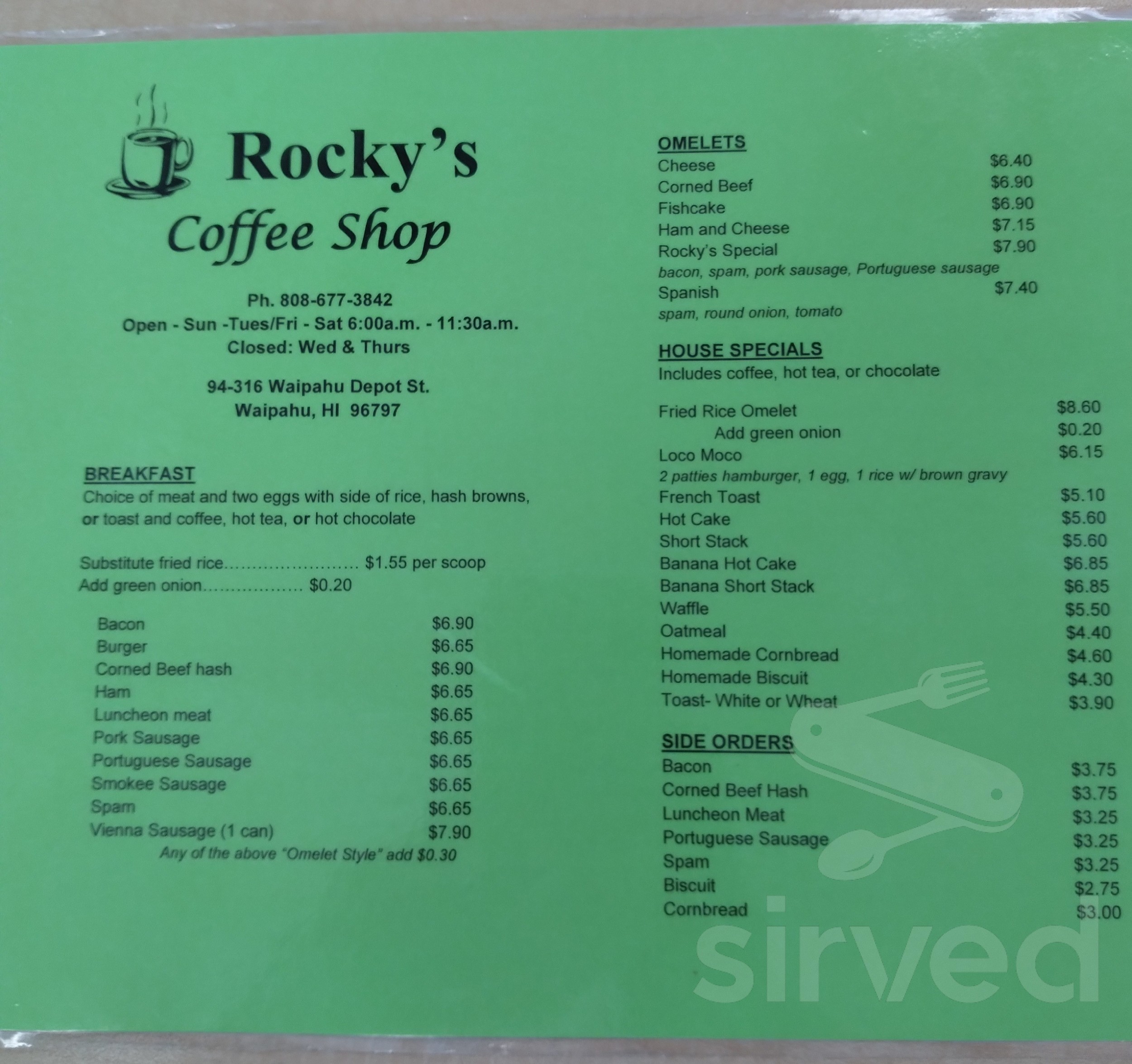 Rocky's Coffee Shop menus in Waipahu, Hawaii, United States