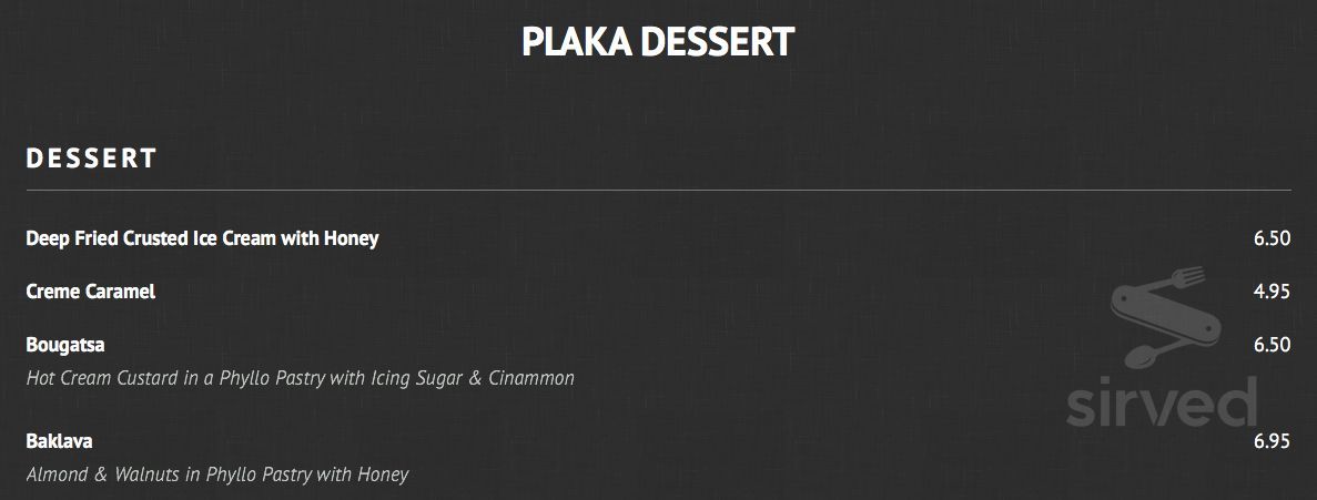 Menu - Calgary AB's Plaka Greek Taverna | Sirved