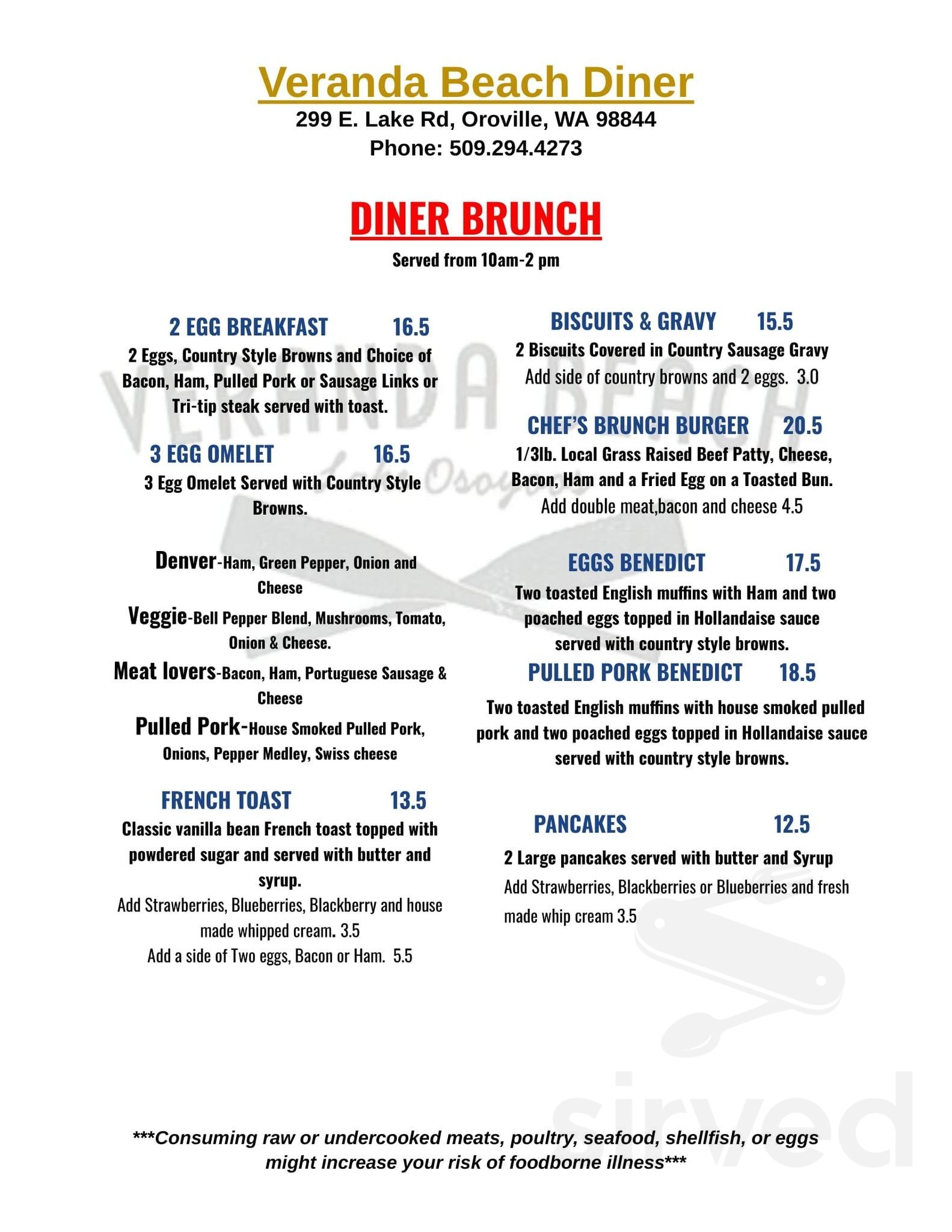 Veranda Beach Diner menu in Oroville, Washington, USA