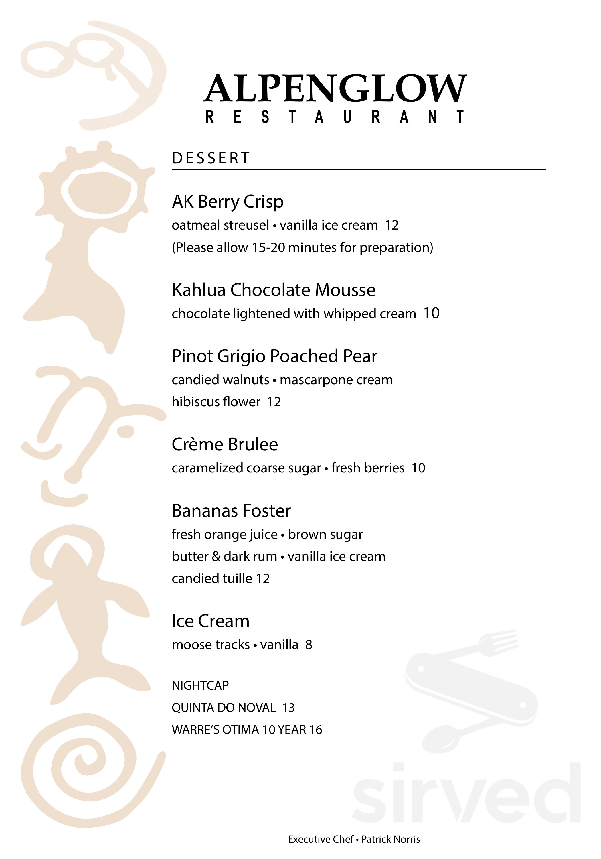 Menu - Denali National Park and Preserve AK's Alpenglow Restaurant | Sirved
