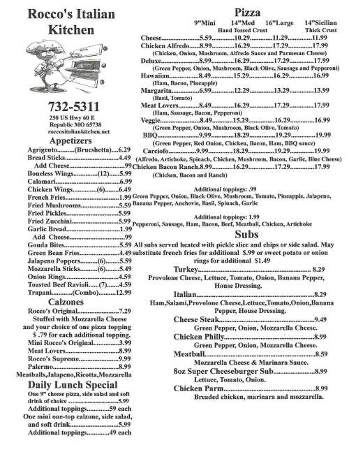 Rocco's Italian Kitchen menu in Republic, Missouri, USA