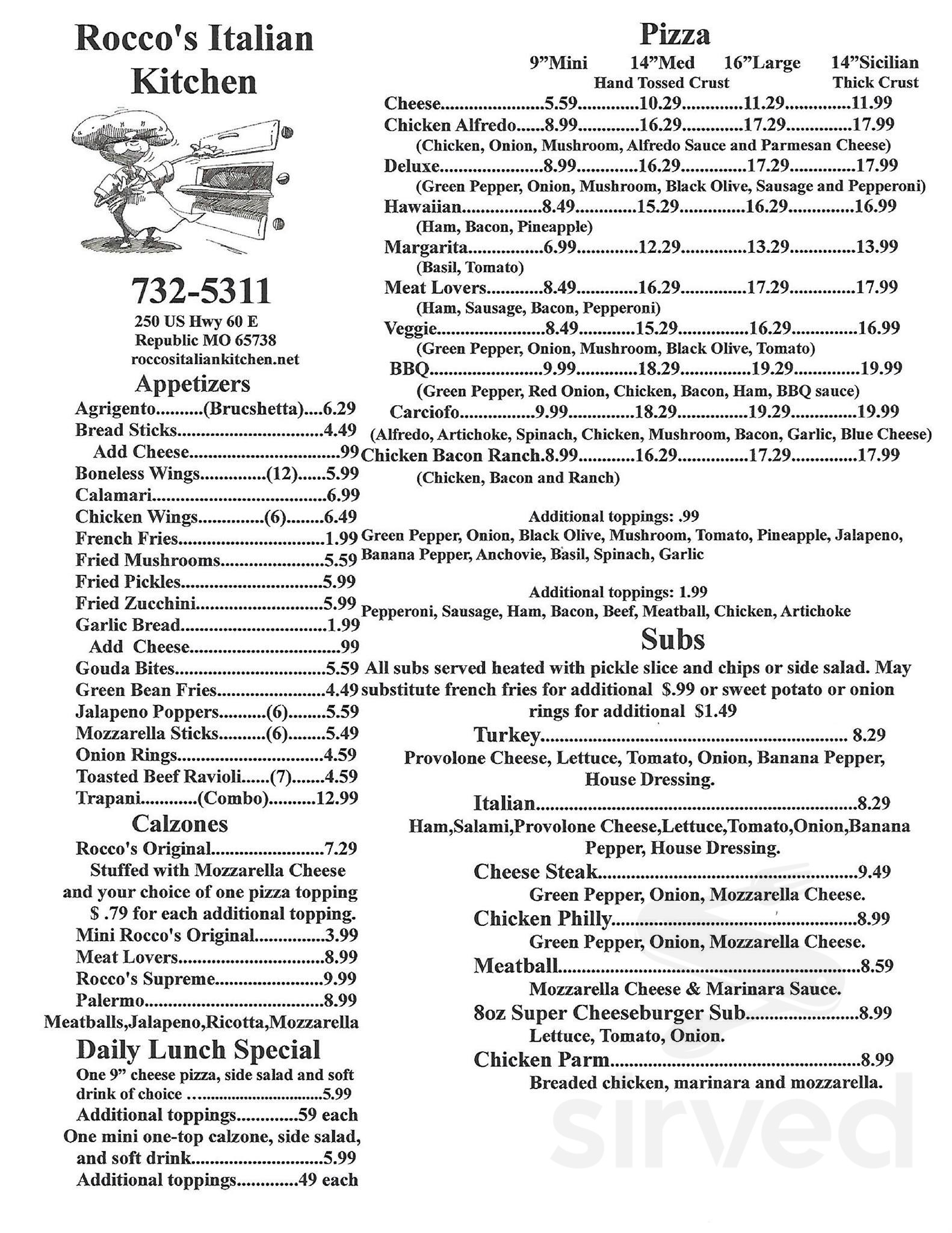 Rocco's Italian Kitchen menu in Republic, Missouri, USA