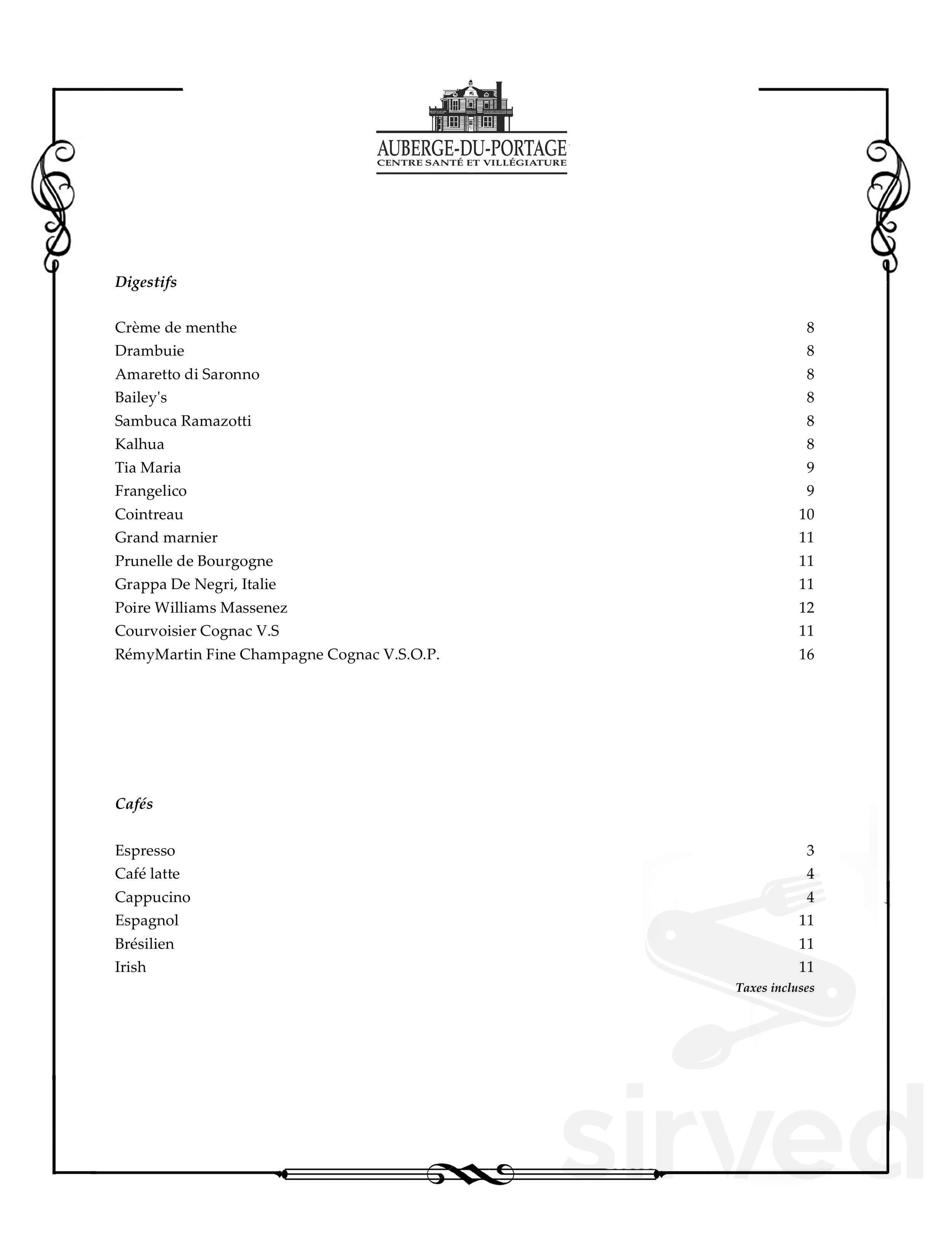 Menu - Notre-Dame-du-Portage QC's Auberge Du Portage | Sirved