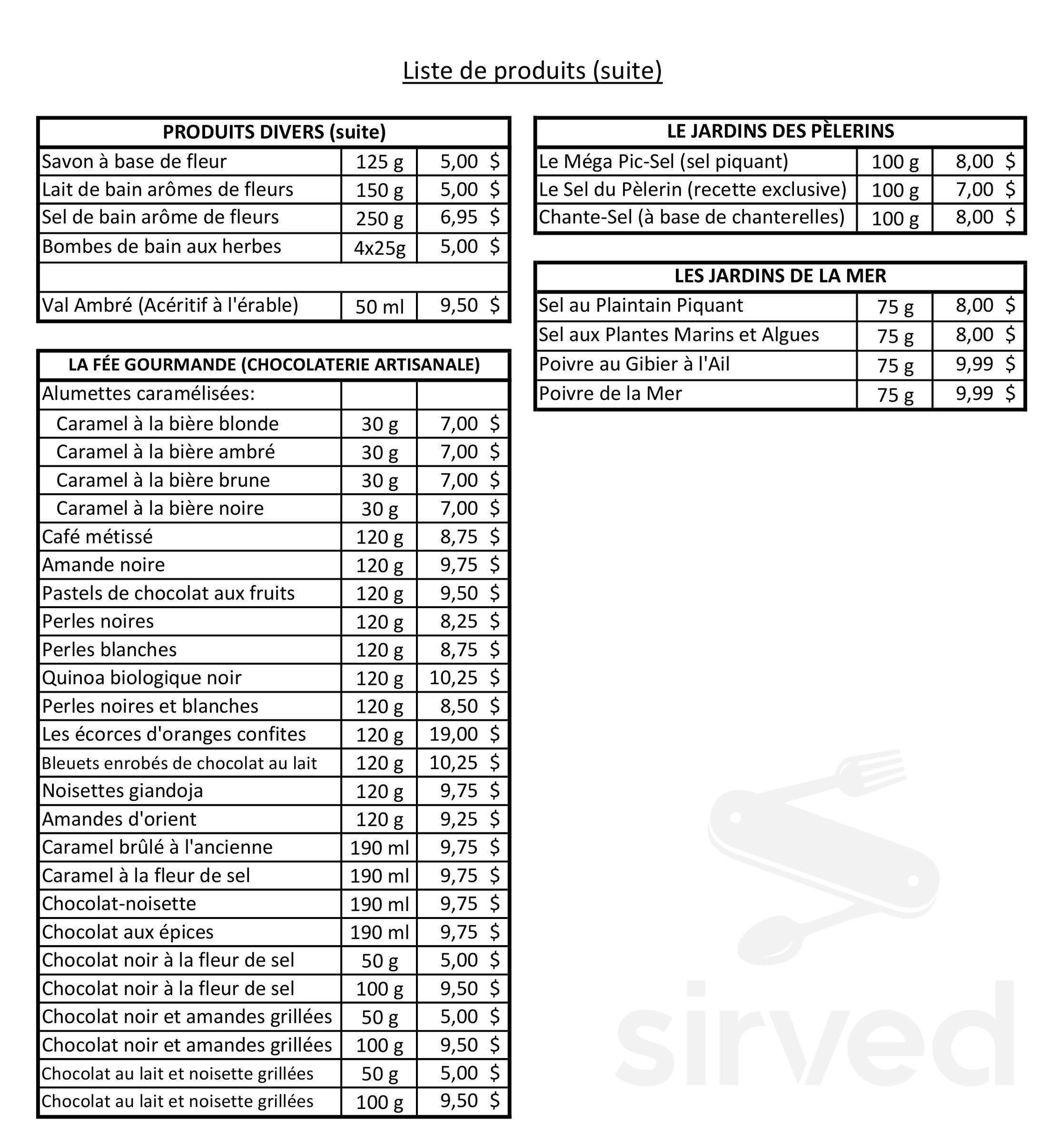 Menu - Notre-Dame-du-Portage QC's Auberge Du Portage | Sirved