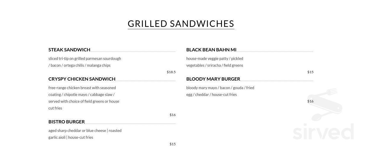 Brickworks American Restaurant menu in Palm Springs, California, USA