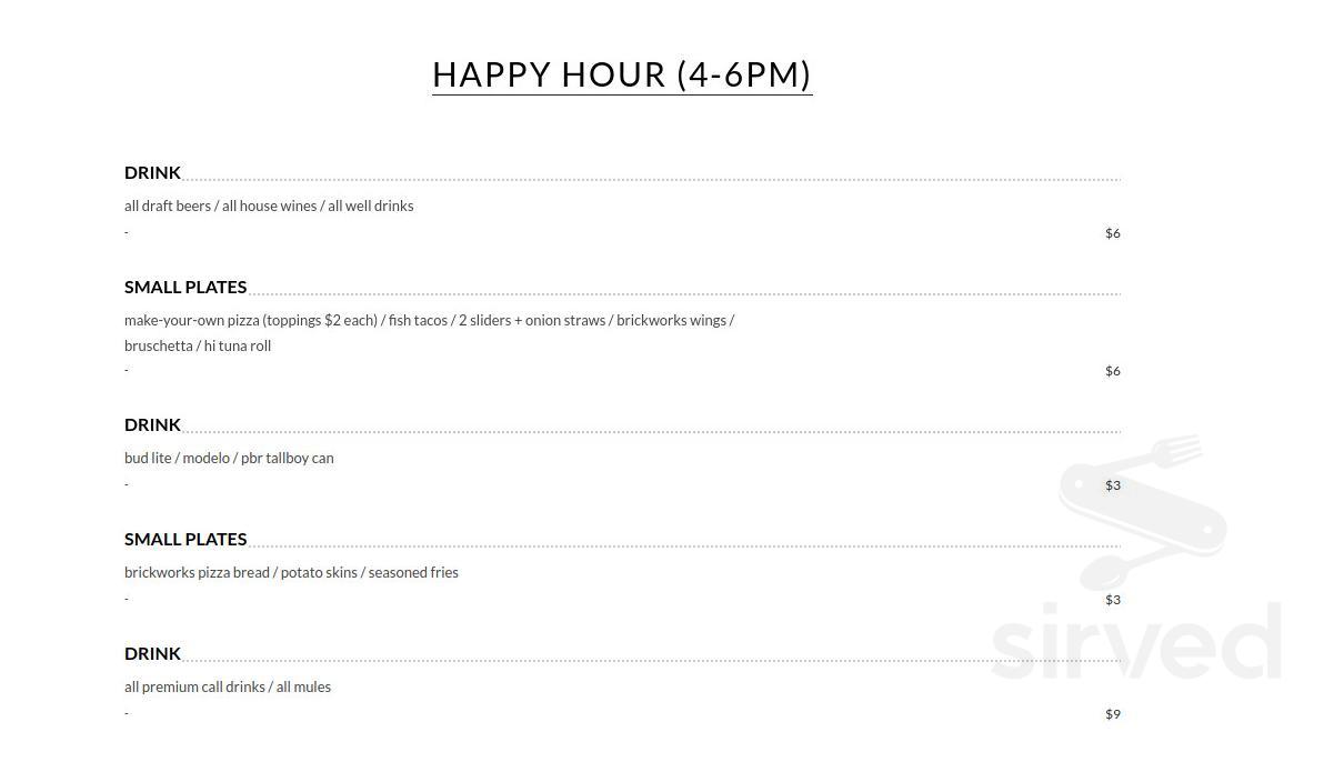 Brickworks American Restaurant menu in Palm Springs, California, USA