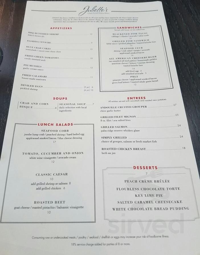 Juliette's Bistro menu in Jacksonville, Florida, USA