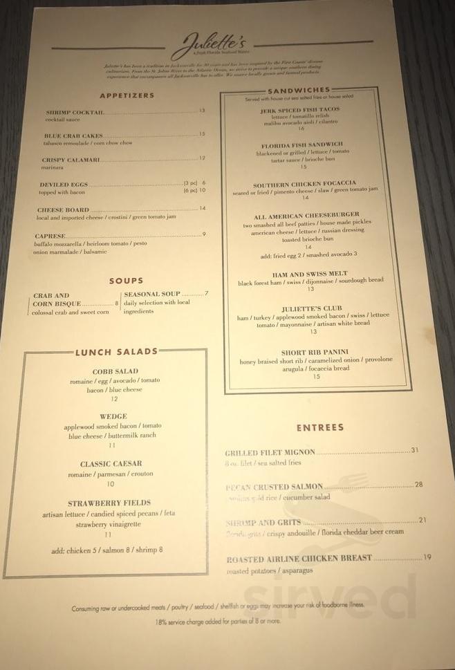 Juliette's Bistro menu in Jacksonville, Florida, USA