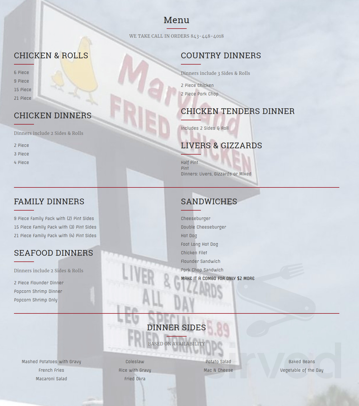 Menu - Myrtle Beach SC's Maryland Fried Chicken | Sirved