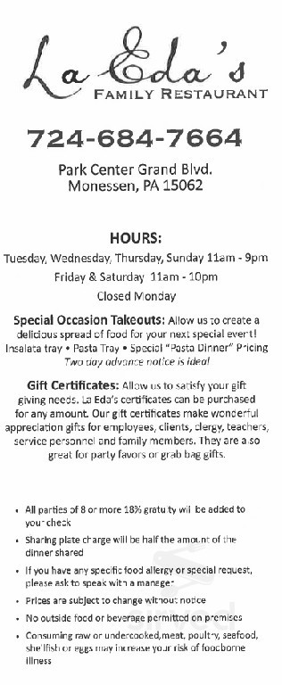 La Eda's Restaurant menus in Monessen, Pennsylvania, United States
