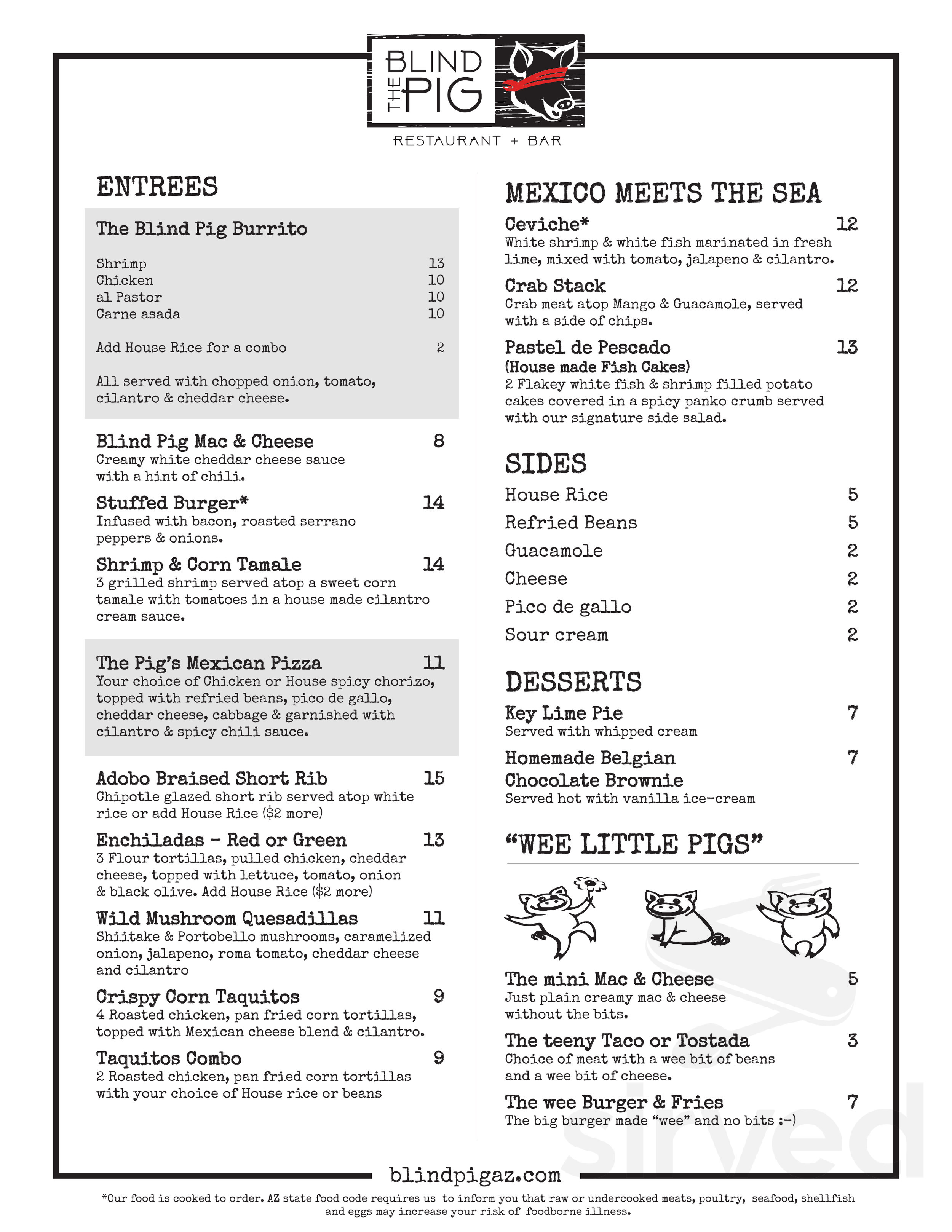 The Blind Pig menu in Scottsdale, Arizona, USA
