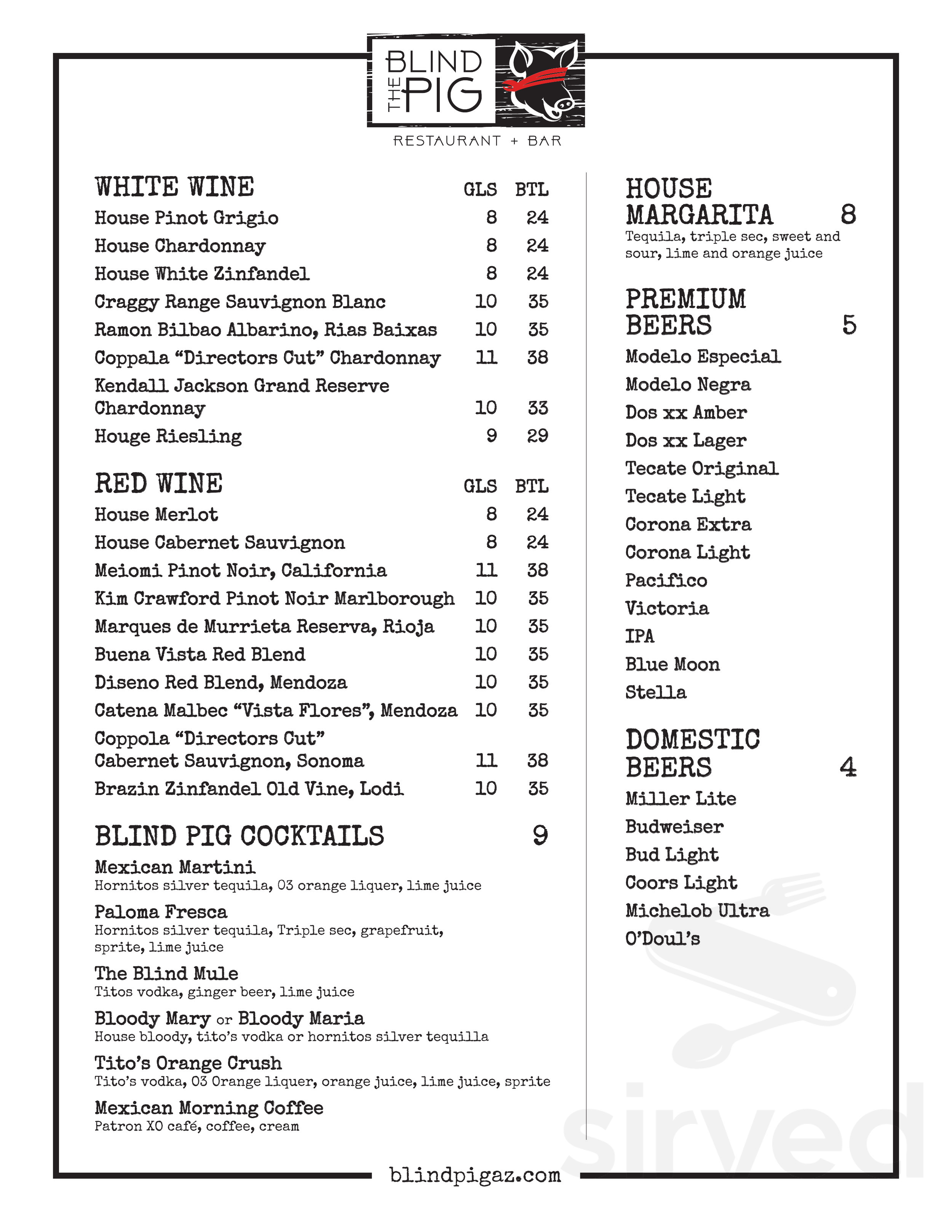The Blind Pig menu in Scottsdale, Arizona, USA