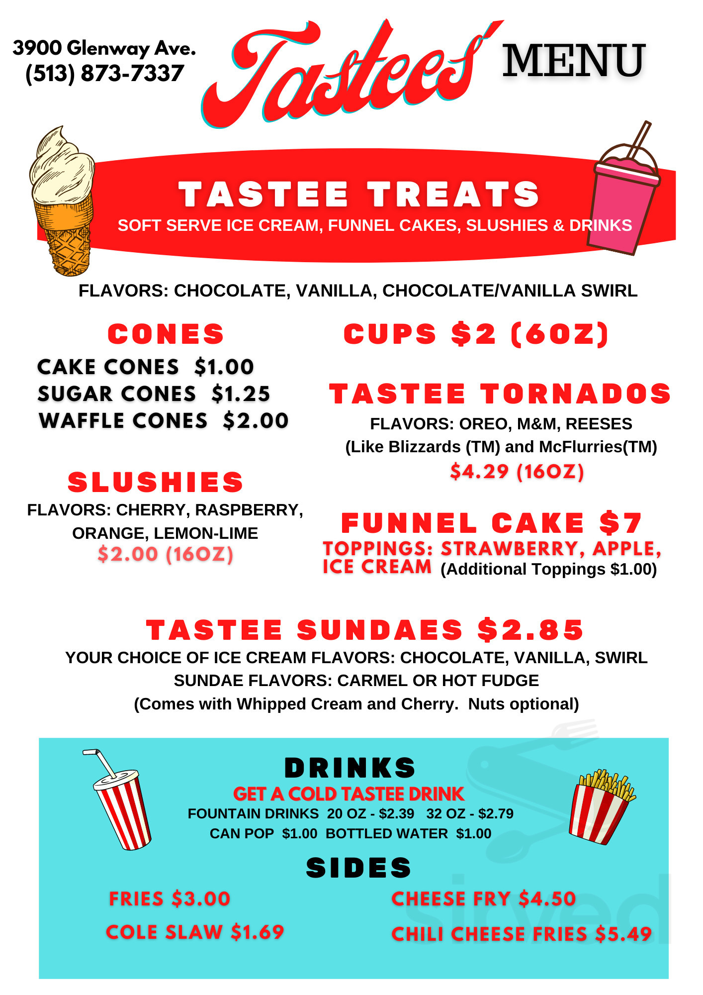 Tastees' menu in Cincinnati, Ohio, USA