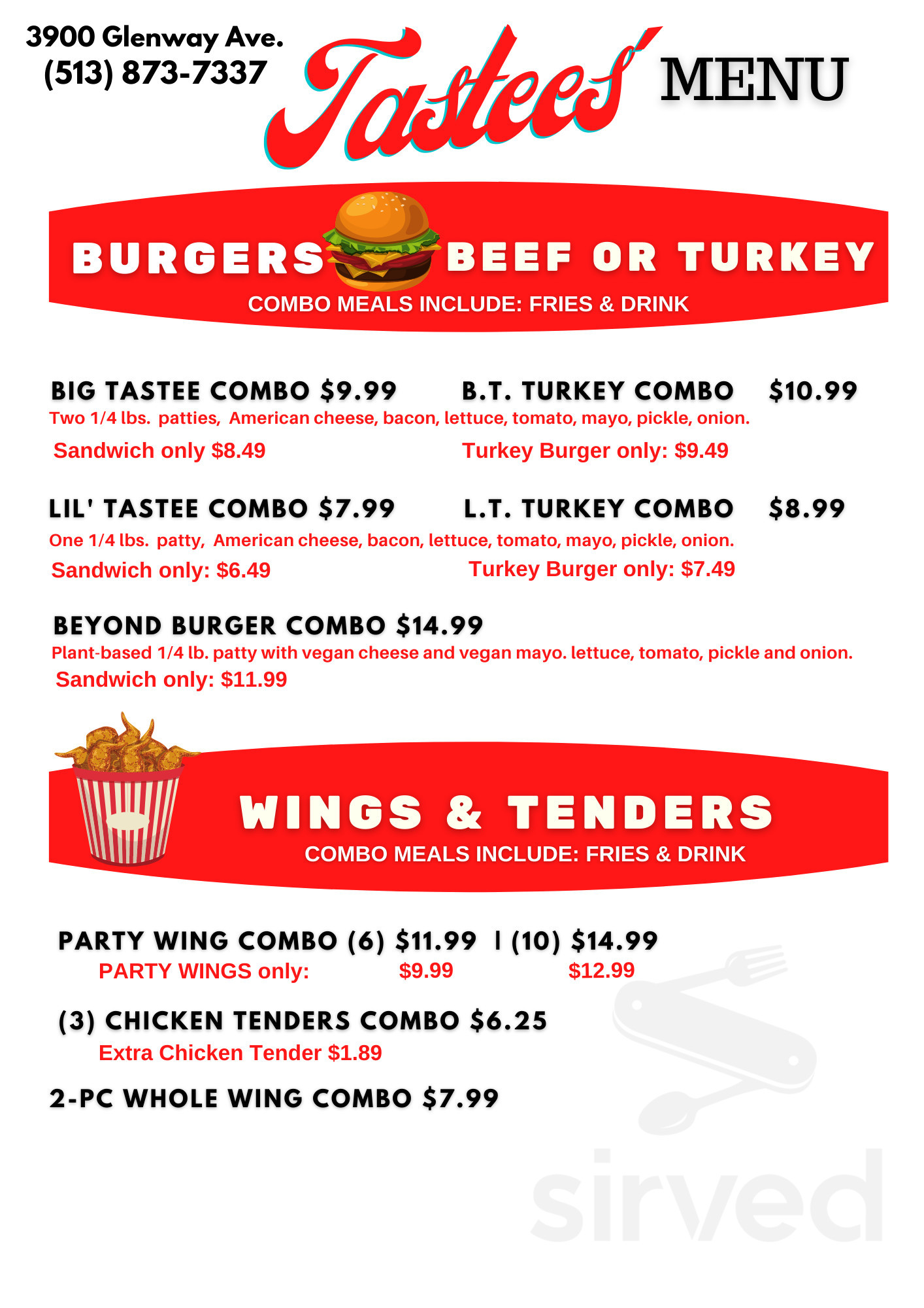 Tastees' menu in Cincinnati, Ohio, USA