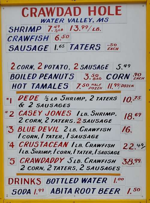 Crawdad Hole menu in Water Valley, Mississippi, USA