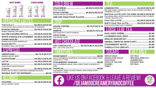 Deja Moo menu in White House, Tennessee, USA