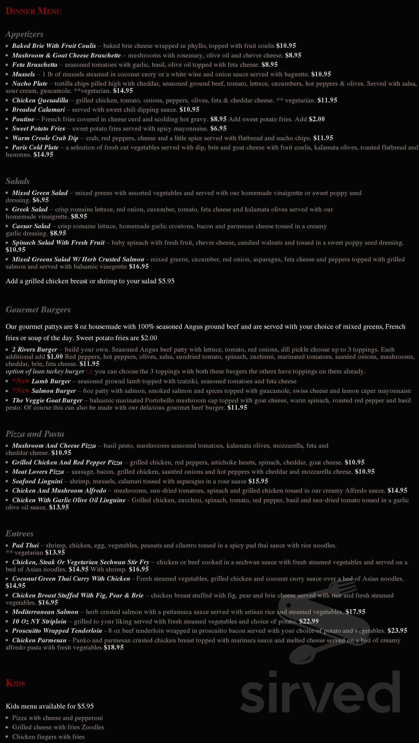 2 Rivers menu in Paris, Ontario, Canada