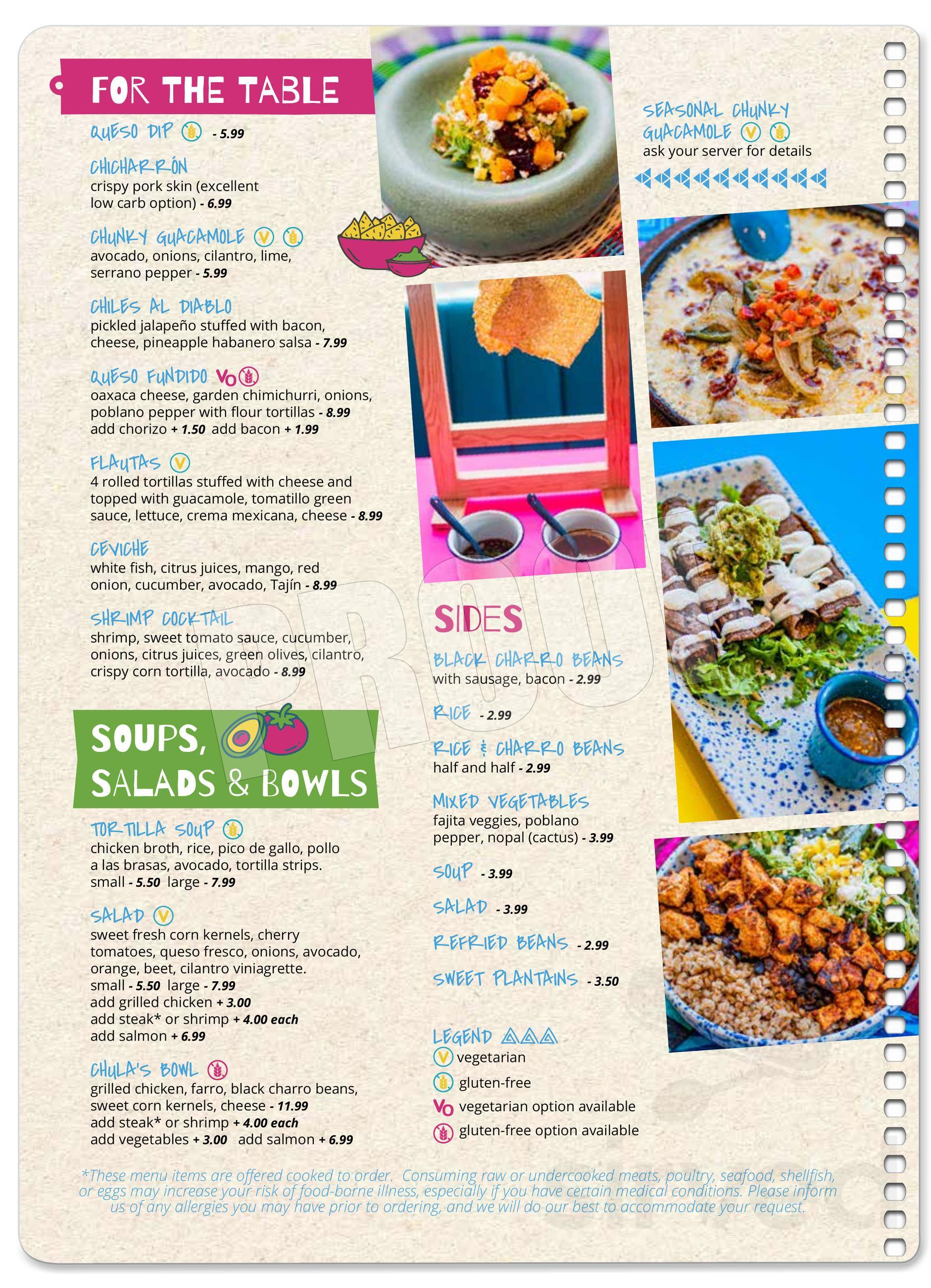 Menu for Que Chula Craft Tacos & Tequila Bar in Chapel Hill, NC | Sirved
