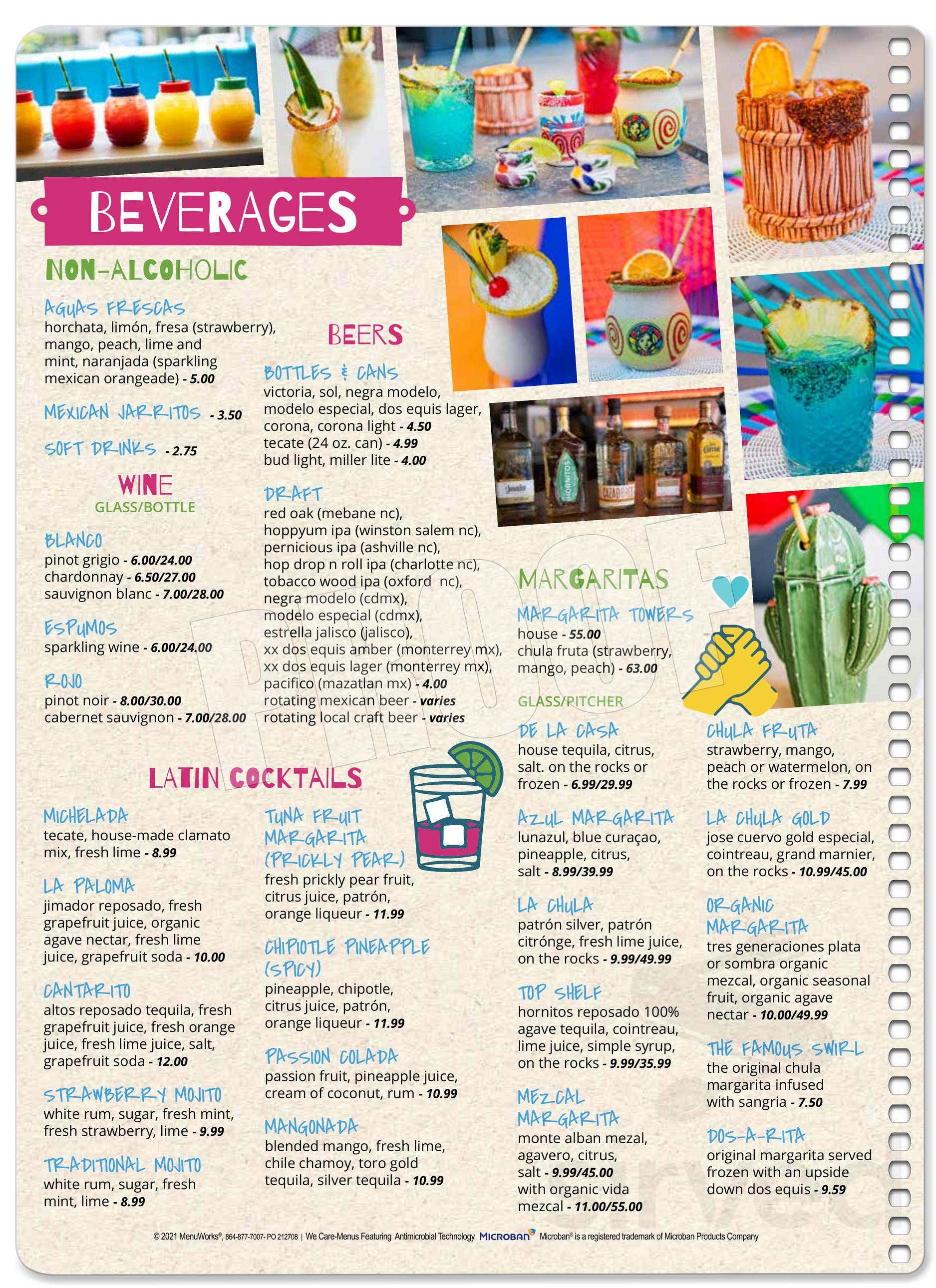 Menu for Que Chula Craft Tacos & Tequila Bar in Chapel Hill, NC | Sirved