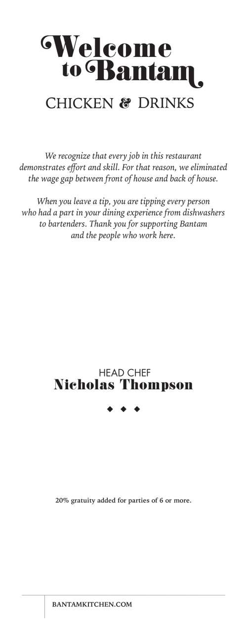 Bantam menu in Bellingham, Washington, USA