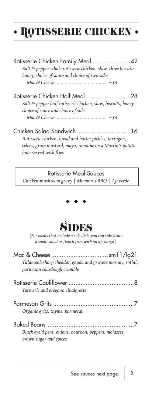 Bantam menu in Bellingham, Washington, USA