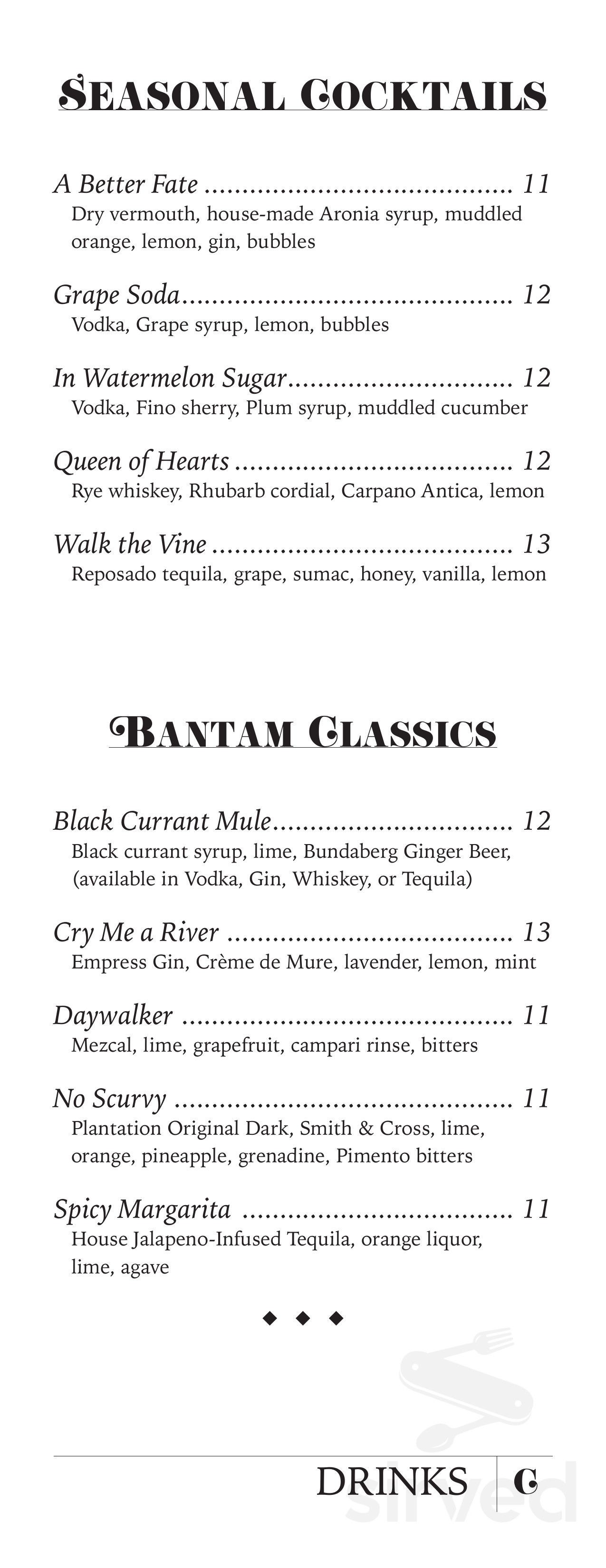 Bantam menu in Bellingham, Washington, USA