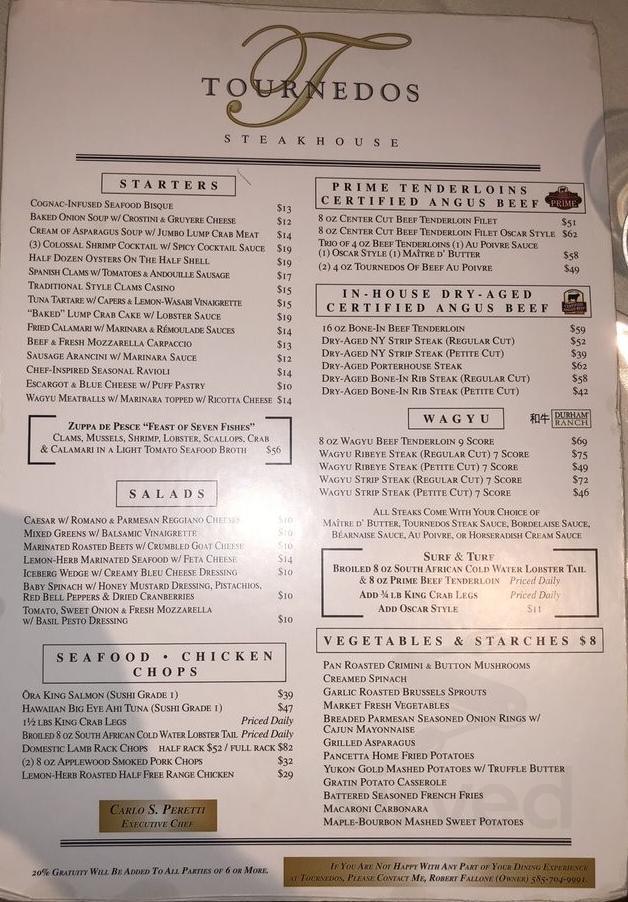 Menu for Tournedos Steakhouse in Rochester, NY | Sirved