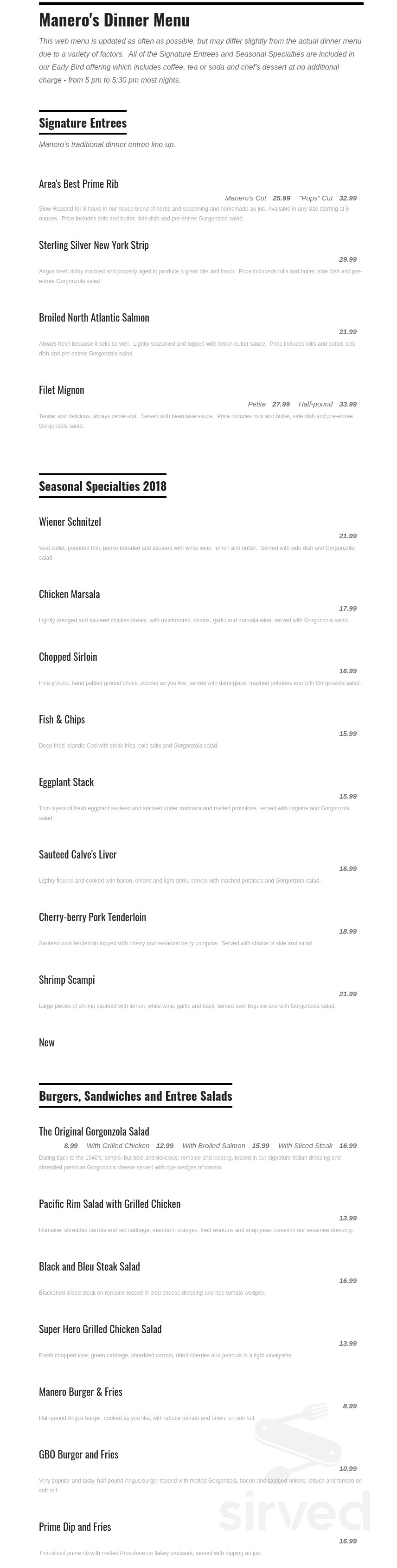 Menu for Manero's Restaurant in Palm City, FL | Sirved
