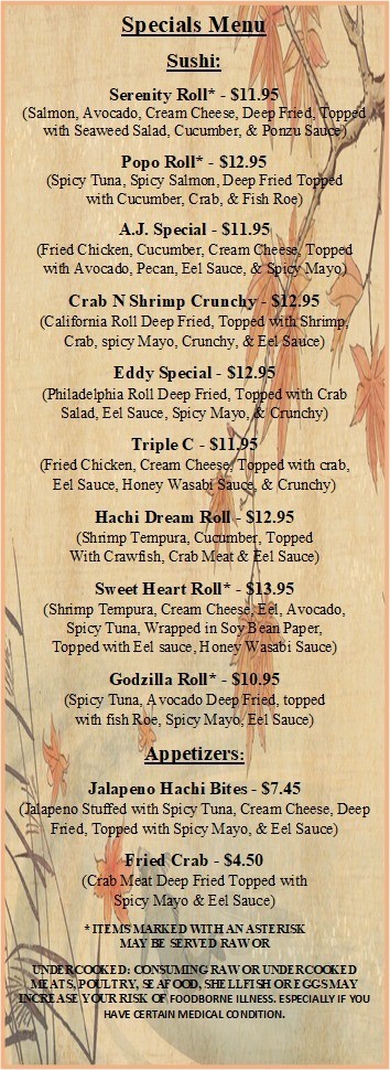 Hachi Sushi and Japanese Grill menus in Cordele, Georgia, United States