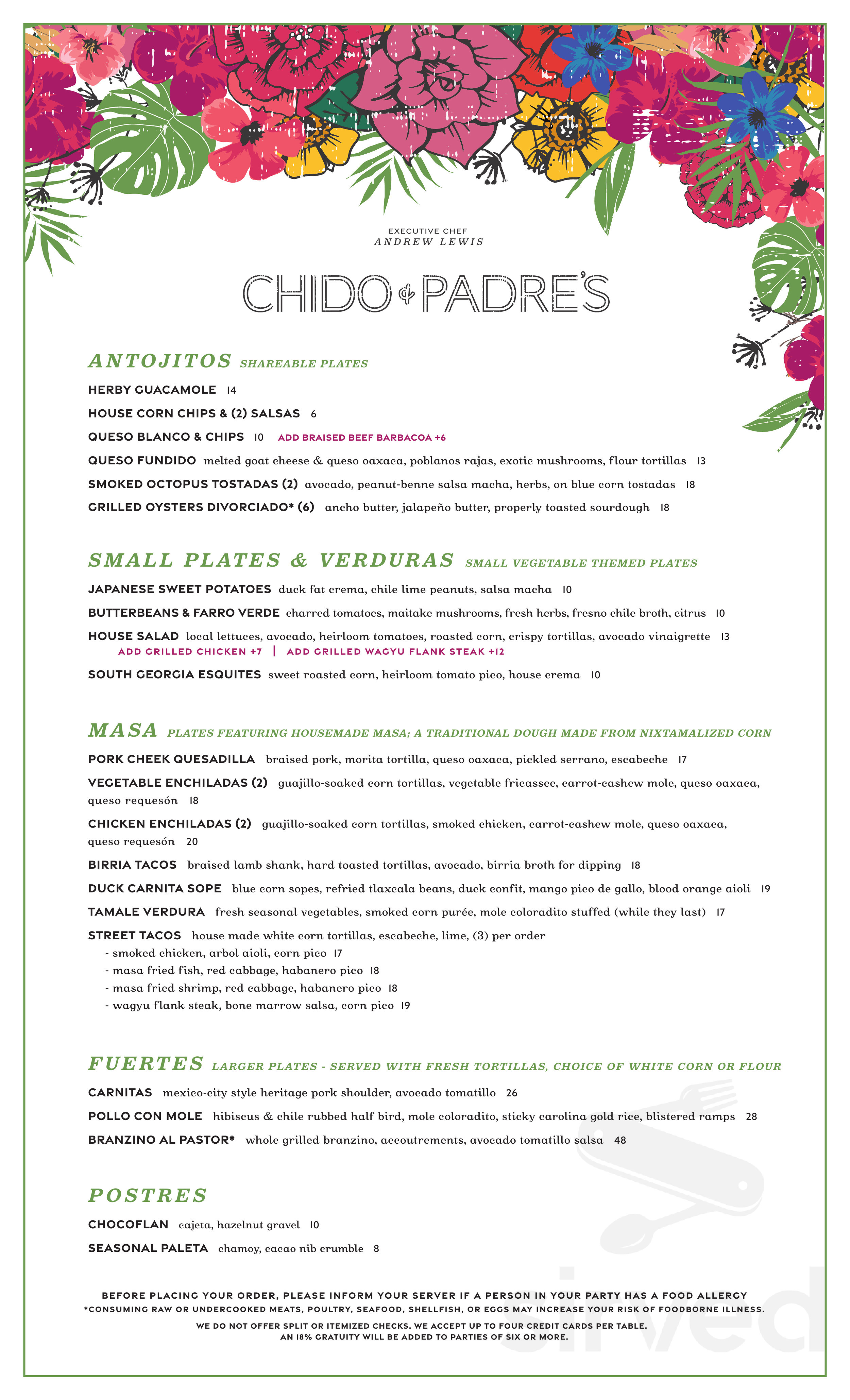 Chido & Padre's menu in Atlanta, Georgia, USA