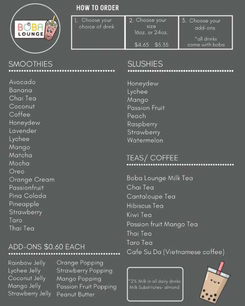 Boba Lounge menu in Oldsmar, Florida, USA