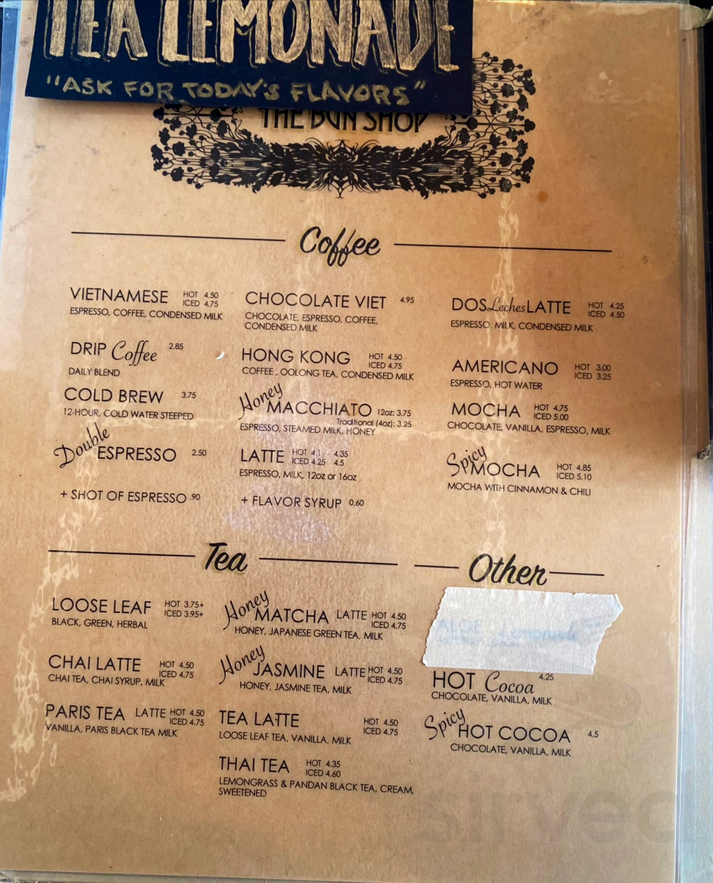 The Bun Shop menu in Towson, Maryland, USA