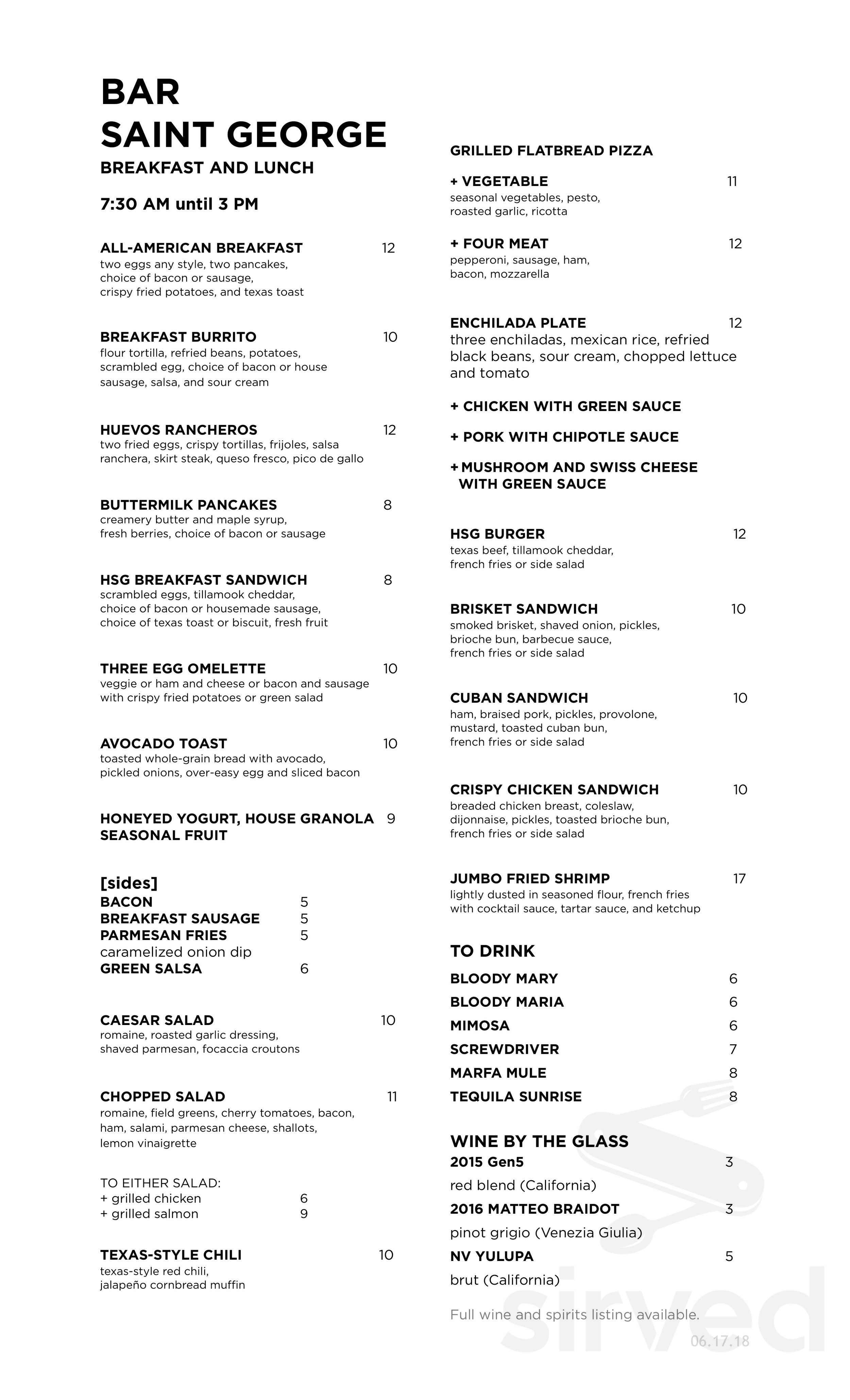 Hotel Saint George menu in Marfa, Texas, USA