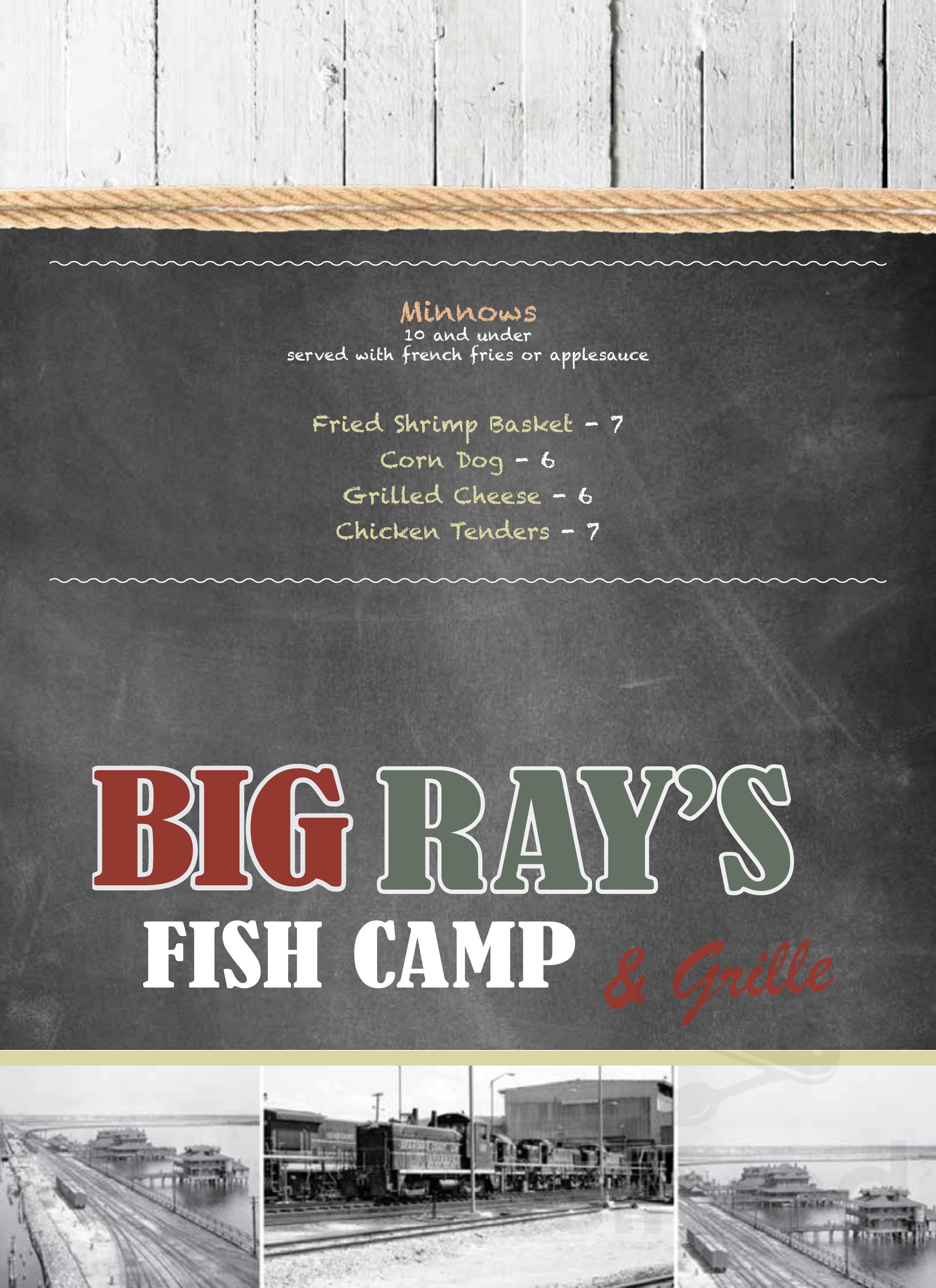 Big Ray's Fish Camp on the Riverwalk menu in Tampa, Florida, USA
