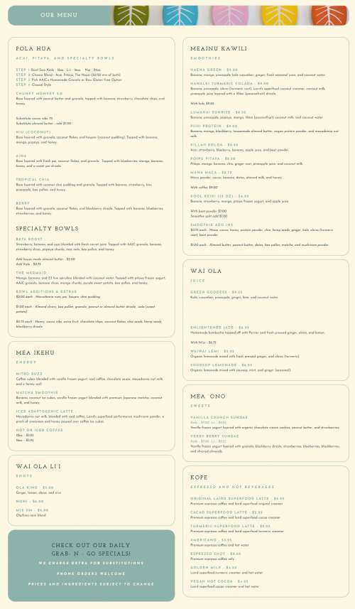 Aloha Aina Juice Cafe menu in Lihue, Hawaii, USA