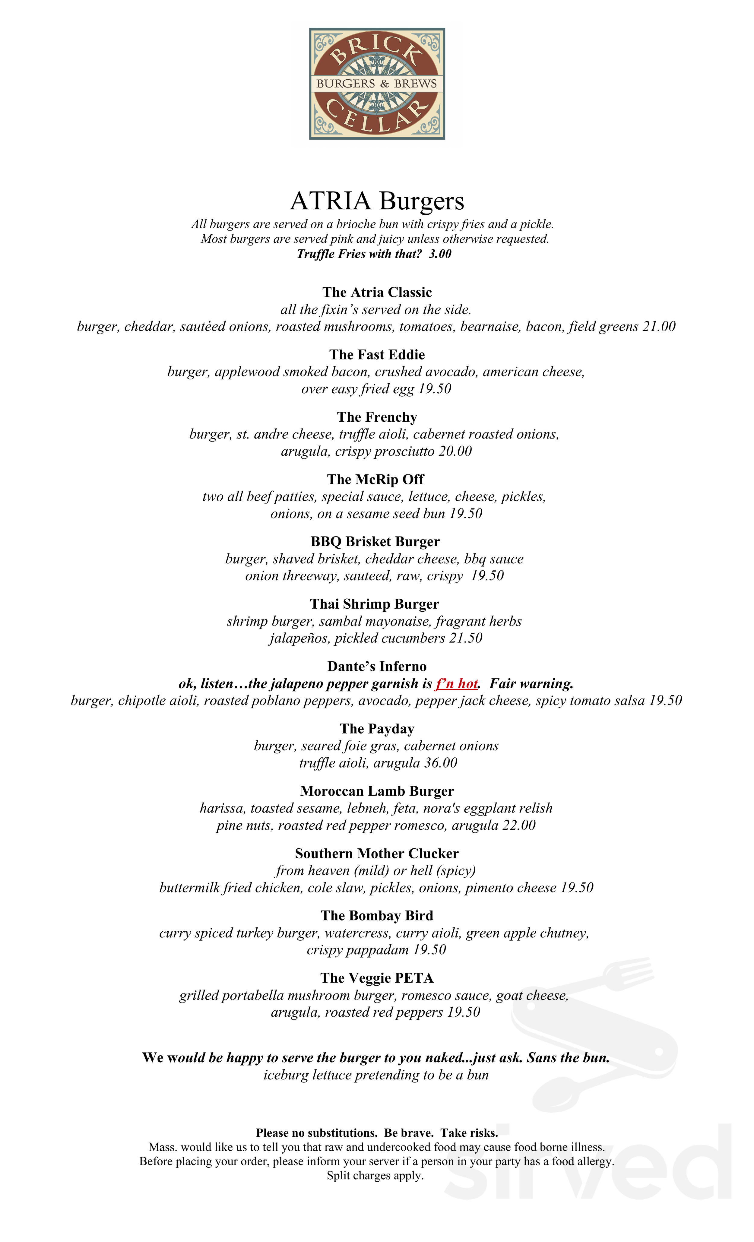 Atria menu in Edgartown, Massachusetts, USA