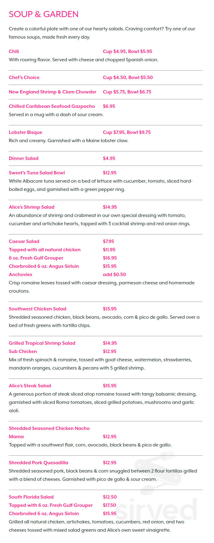 Alice Sweetwater's Bar & Grille menu in Naples, Florida, USA