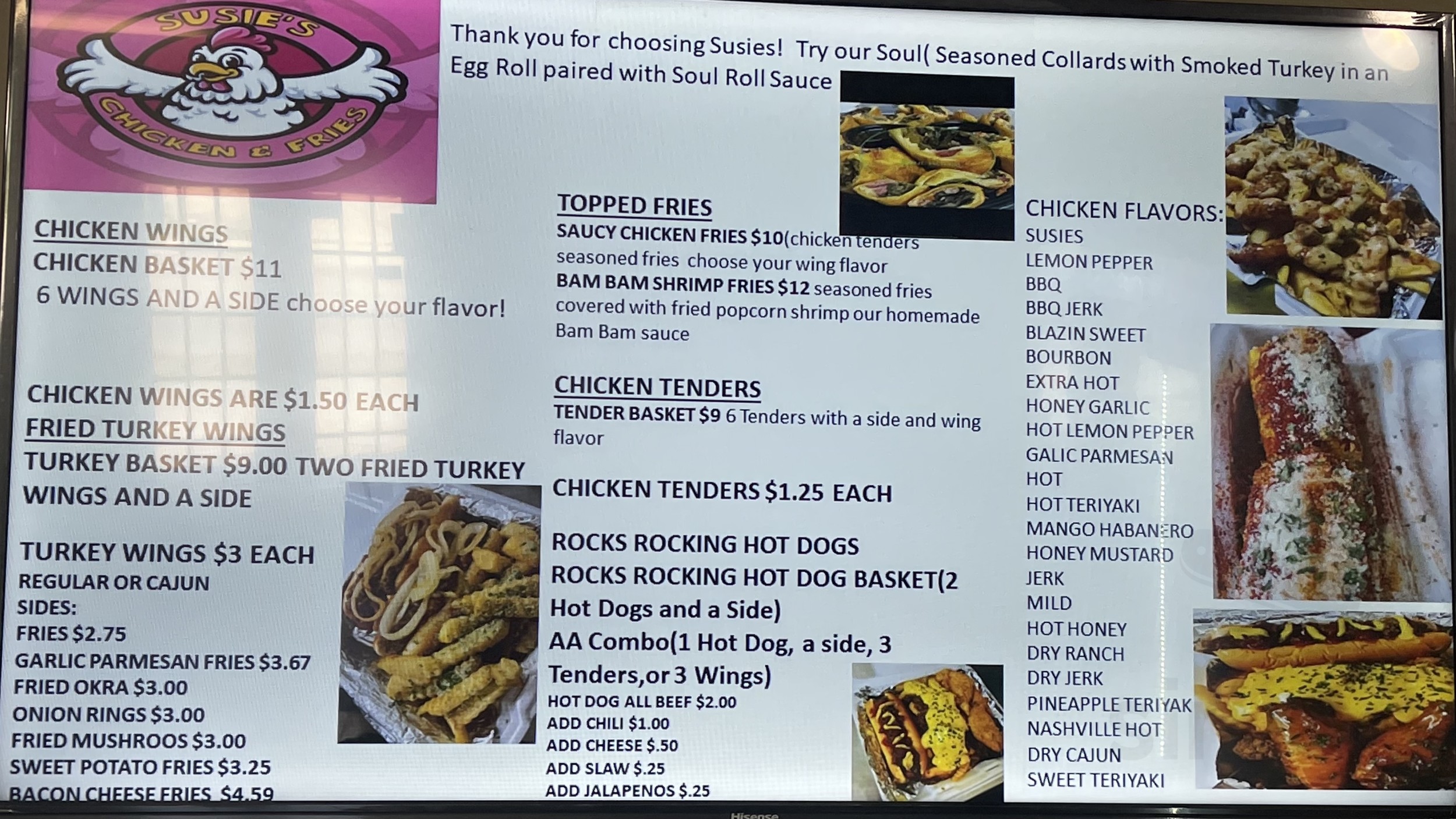 Susie's Chicken and Fries Restaurant menu in Sumter, South Carolina, USA