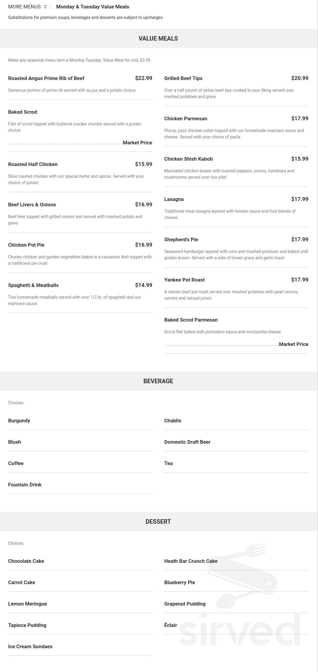 Davenport's Family Restaurant menu in Cumberland, Rhode Island, USA