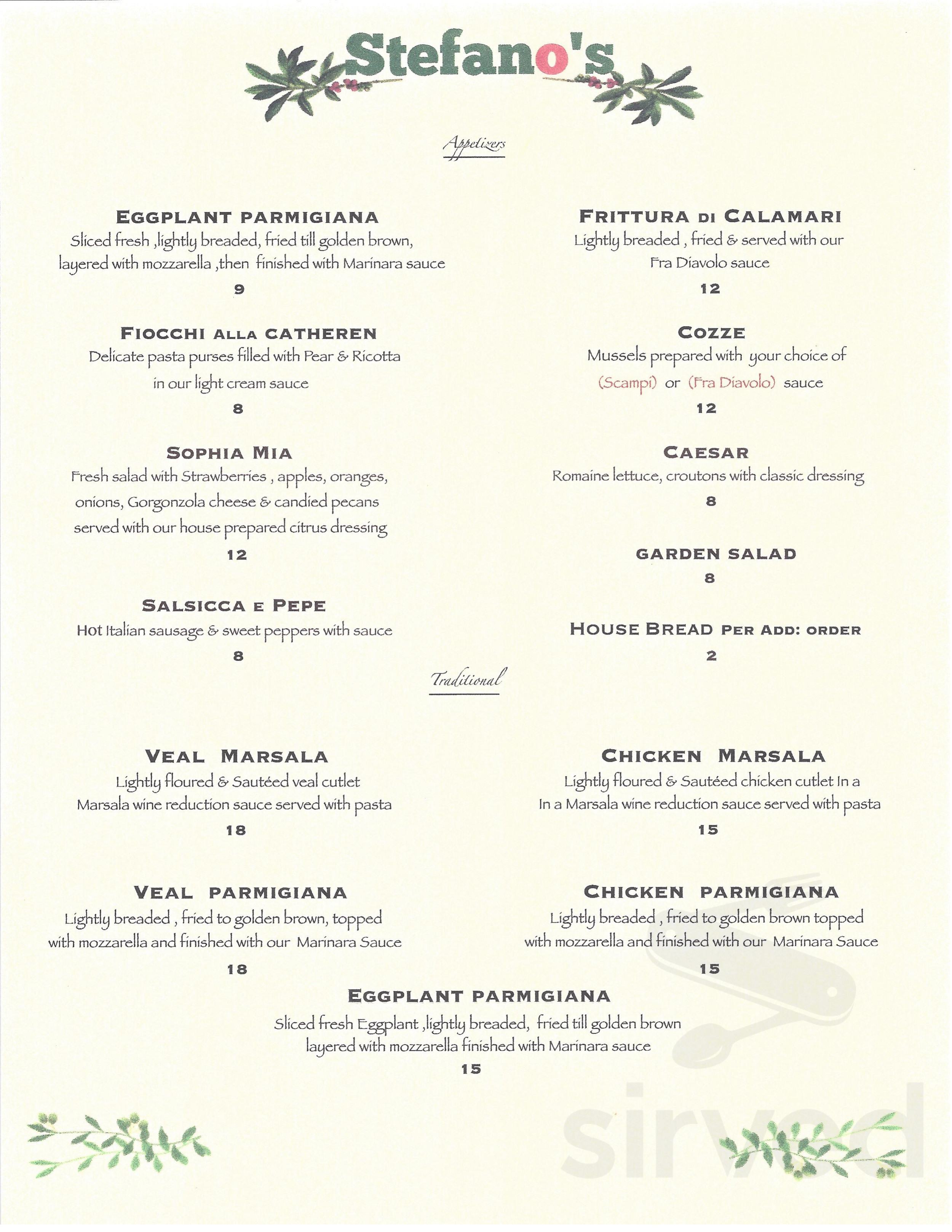 Stefano's Italian Cuisine menu in Seminole, Florida, USA