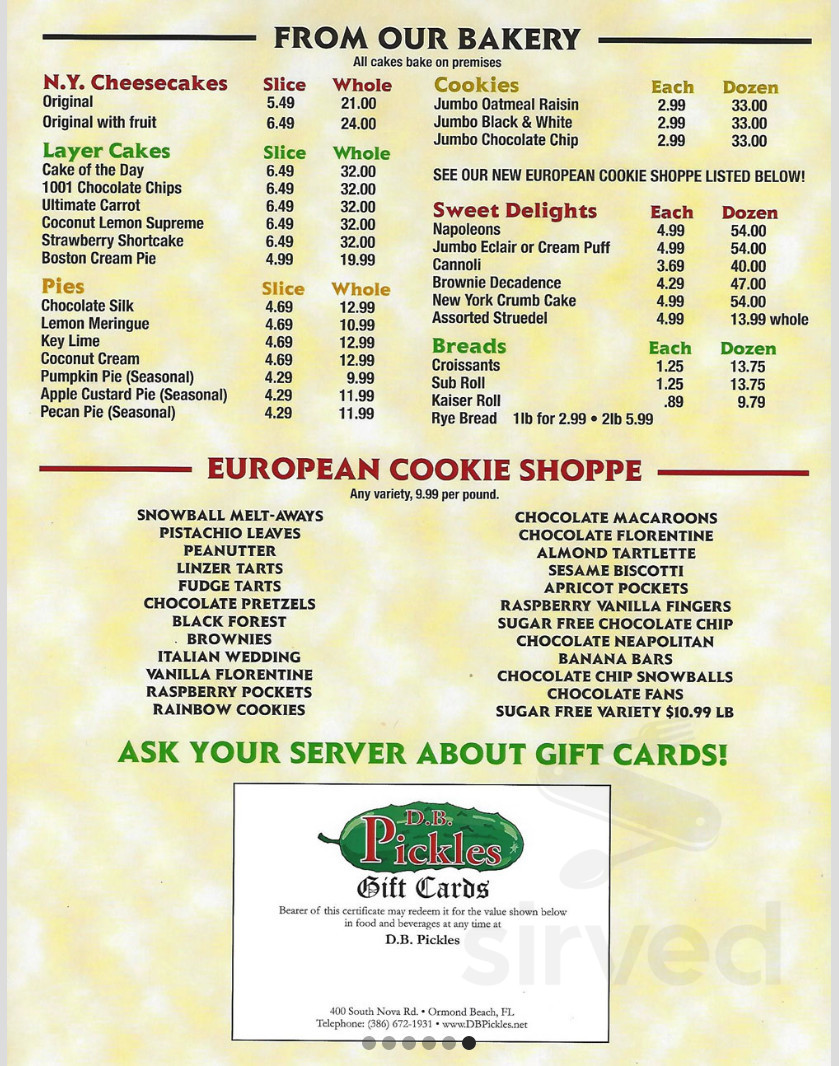 DB Pickles menu in Ormond Beach, Florida, USA