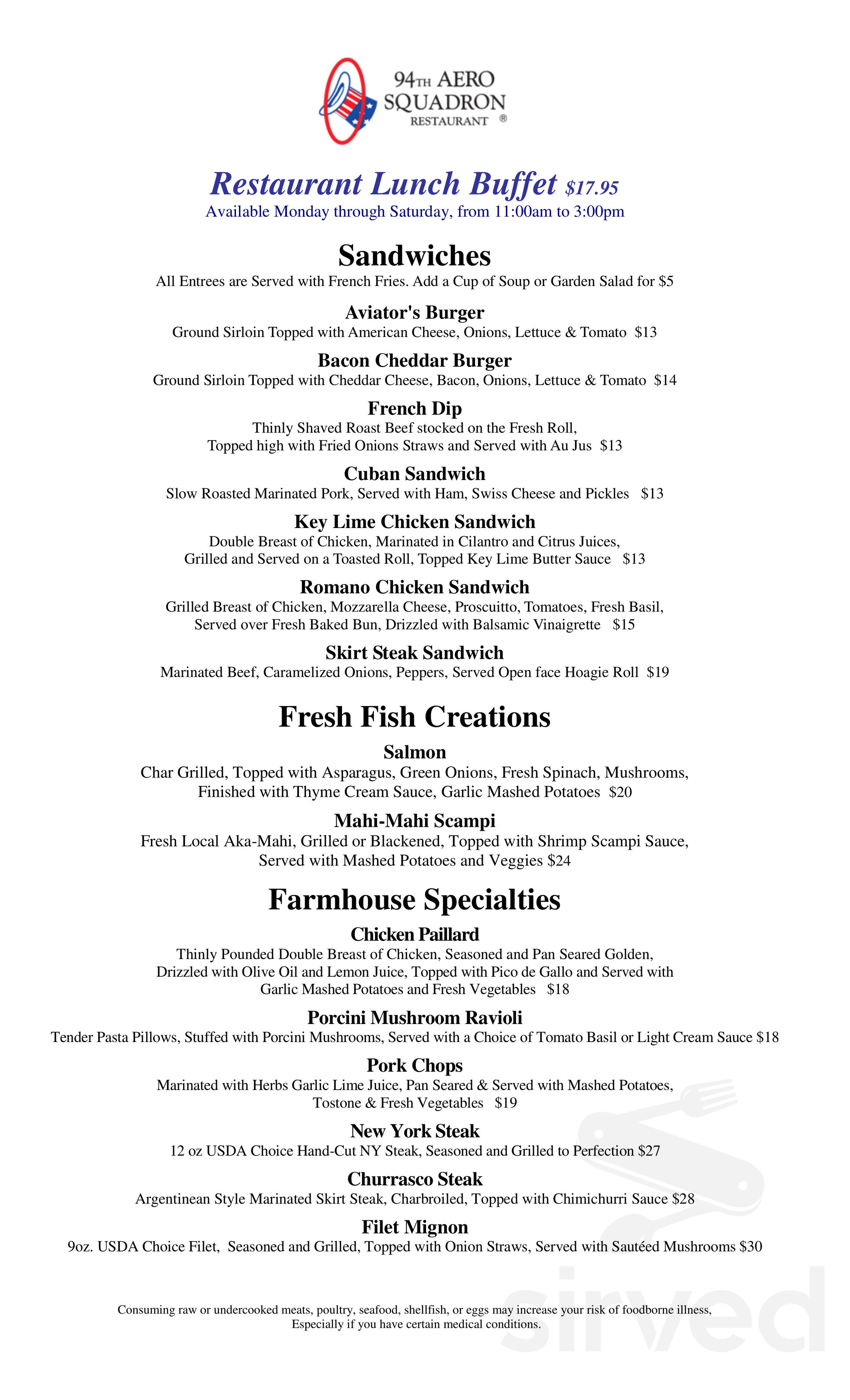 Menu for 94th Aero Squadron Restaurant in Miami, FL | Sirved