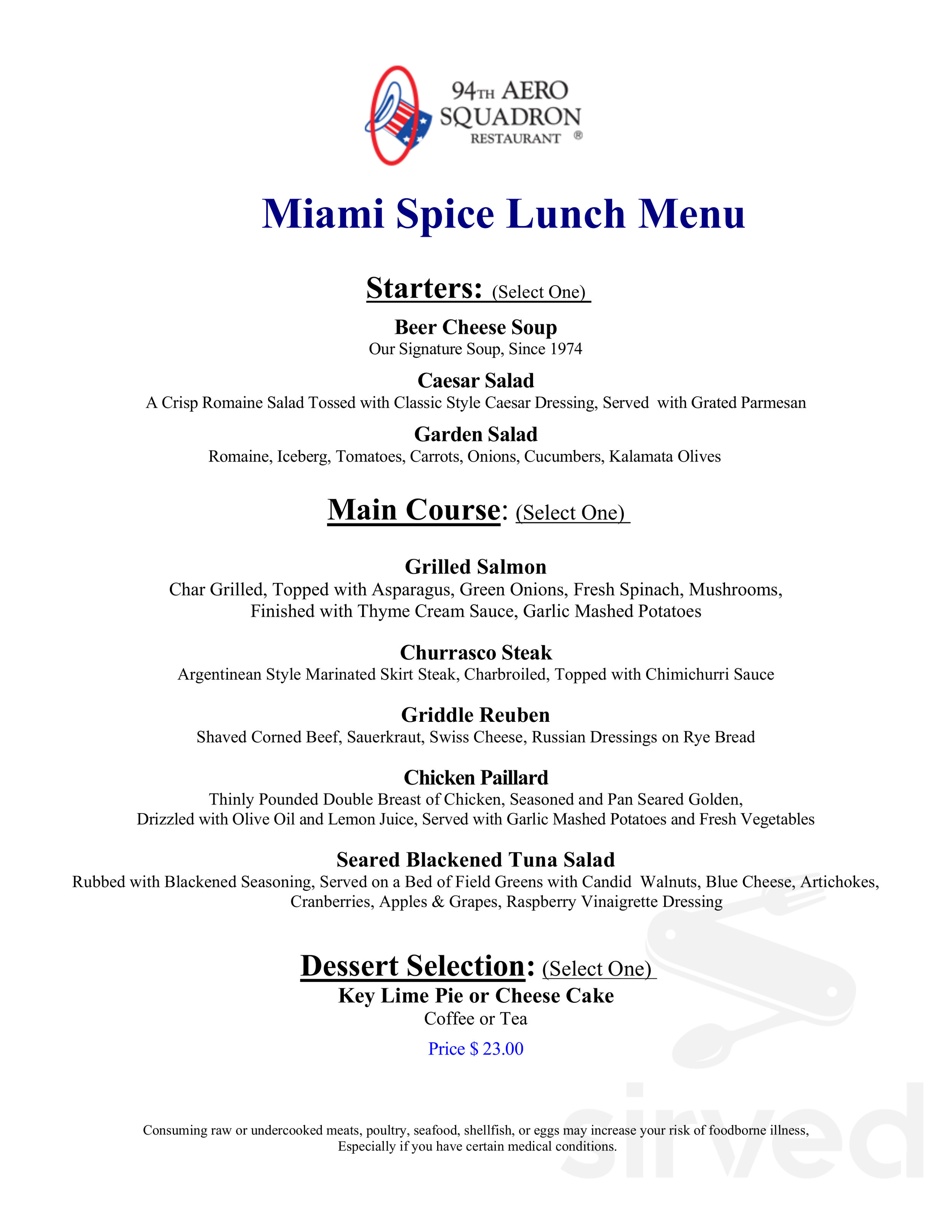 Menu for 94th Aero Squadron Restaurant in Miami, FL | Sirved