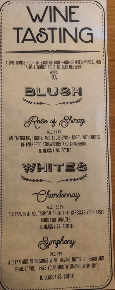 Hill Country Cellars Winery menu in Bandera, Texas, USA