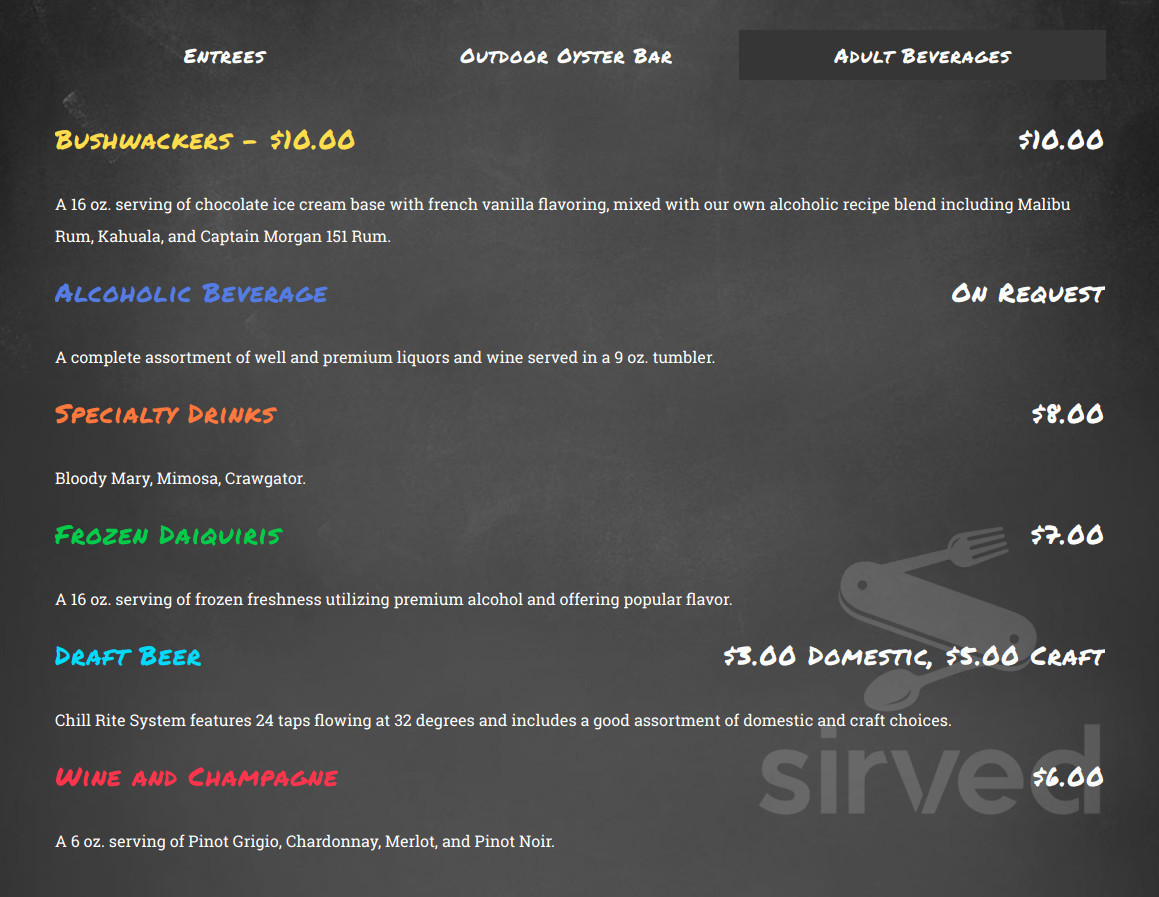 Menu for The Crawfish House in Ocean Springs, MS | Sirved