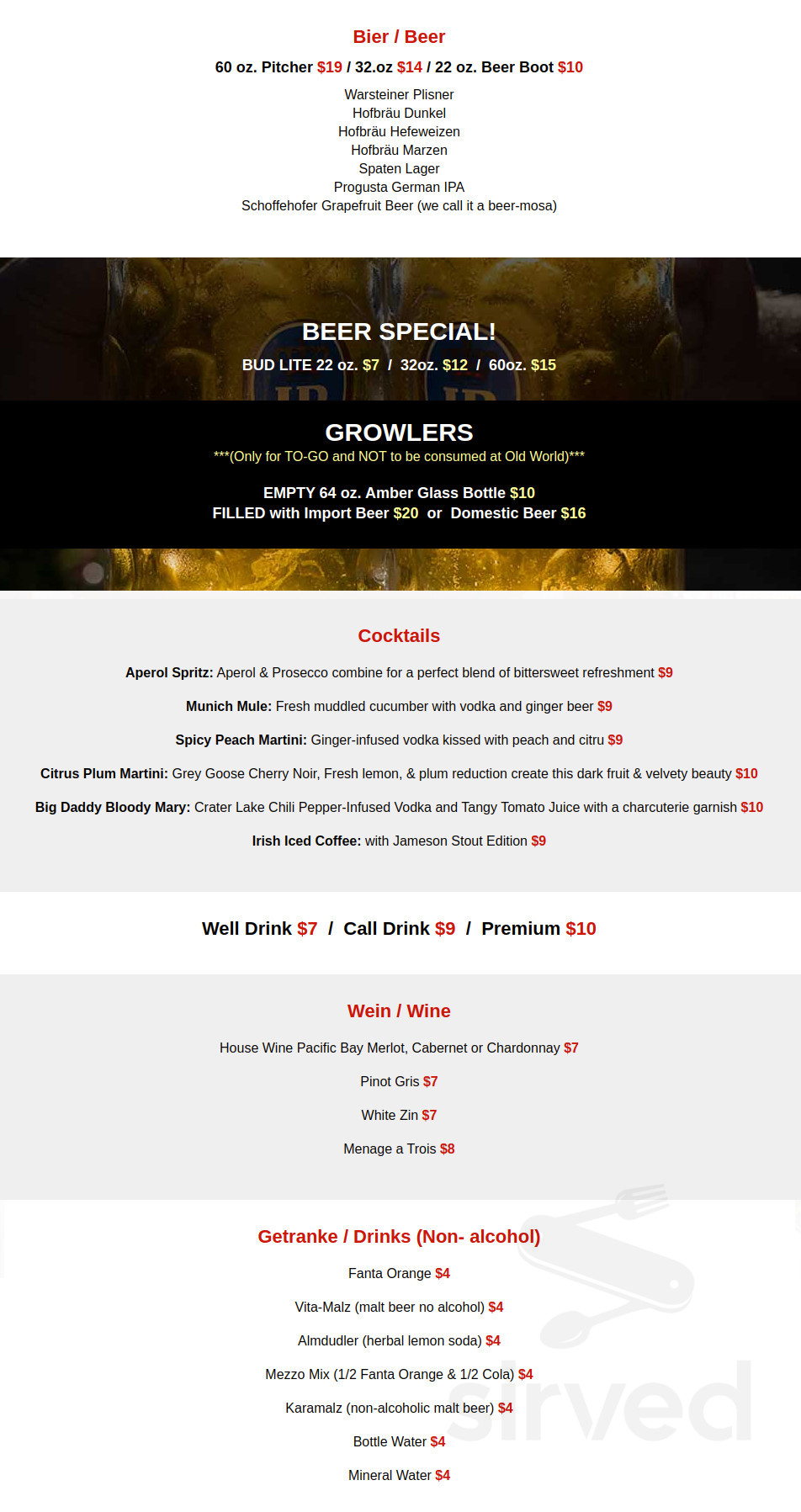 Menu for Biergarten @ Old World HB in Huntington Beach, CA | Sirved
