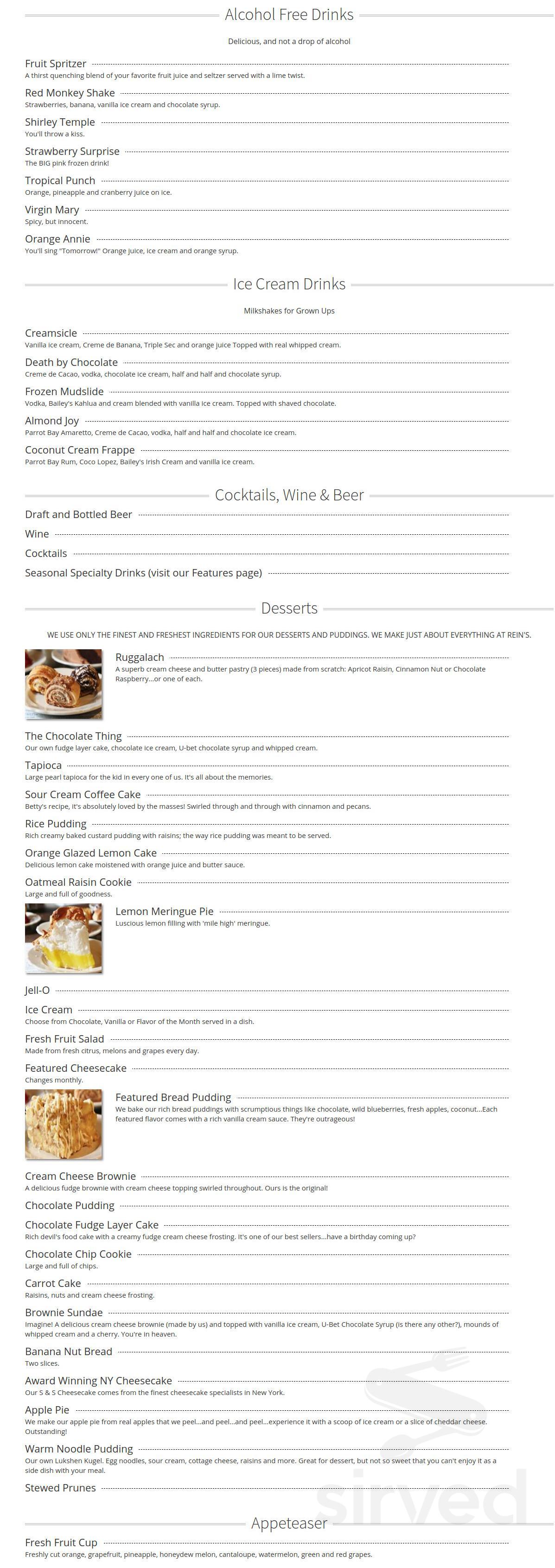 Rein's New York Style Deli menu in Vernon, Connecticut, USA